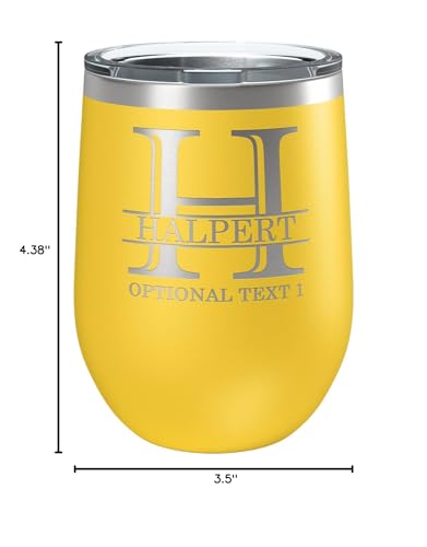 Personalized 12oz (17 Colors) Powder Coated Stainless Steel Stemless Wine Tumbler with Lid, Custom Etched, Customized Gift for Women Her, Wine Lover, Halpert Monogram Initial Name (Yellow)