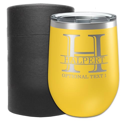 Personalized 12oz (17 Colors) Powder Coated Stainless Steel Stemless Wine Tumbler with Lid, Custom Etched, Customized Gift for Women Her, Wine Lover, Halpert Monogram Initial Name (Yellow)