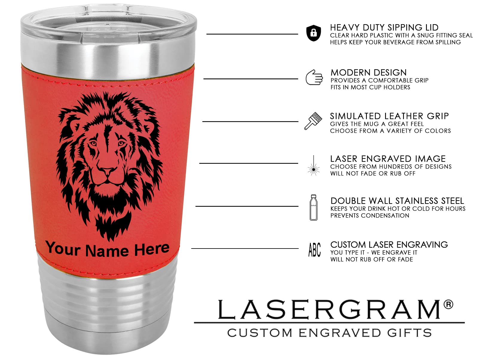 LaserGram 20oz Vacuum Insulated Tumbler Mug, Queen Crown, Personalized Engraving Included (Faux Leather, Red)