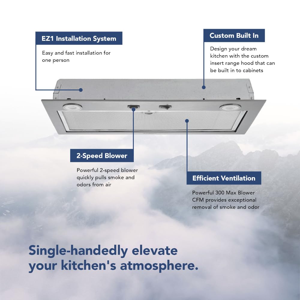 Broan-NuTone PM300SS Custom Power Pack Range Hood Insert with 2-Speed Exhaust Fan and Light, 300 Max Blower CFM, Stainless Steel, 21-Inch Built