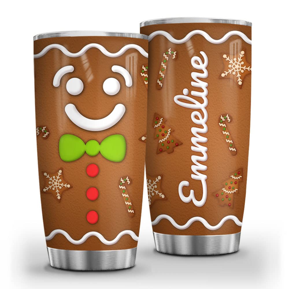 Wassmin Personalized Christmas Tumbler Cup With Lid 20oz 30oz Gingerbread Stainless Steel Double Wall Vacuum Insulated Tumblers Coffee Travel Mug Xmas Holiday Gifts For Men Women Kids Custom Name