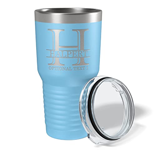 Personalized 30oz (17 Colors) Powder Coated Insulated Stainless Steel Tumbler with Lid, Custom Etched, Customized Engraved Gift Idea for Women Men Her Him, Halpert Monogram Initial Name (Light Blue)