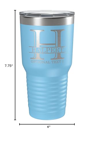 Personalized 30oz (17 Colors) Powder Coated Insulated Stainless Steel Tumbler with Lid, Custom Etched, Customized Engraved Gift Idea for Women Men Her Him, Halpert Monogram Initial Name (Light Blue)