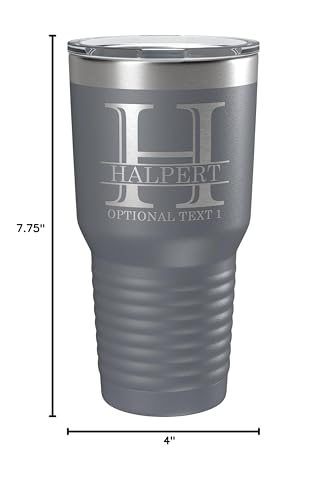 Personalized 30oz (17 Colors) Powder Coated Insulated Stainless Steel Tumbler with Lid, Custom Etched, Customized Engraved Gift Idea for Women Men Her Him, Halpert Monogram Initial Name (Gray)