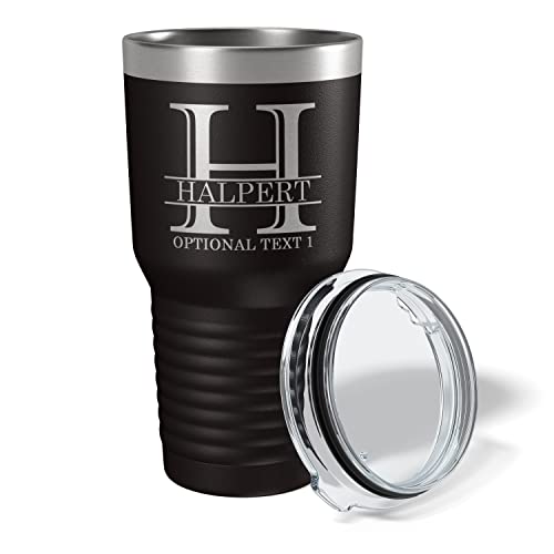 Personalized 30oz (17 Colors) Powder Coated Insulated Stainless Steel Tumbler with Lid, Custom Etched, Customized Engraved Gift Idea for Women Men Her Him, Halpert Monogram Initial Name (Black)