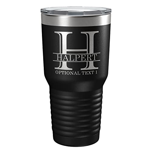 Personalized 30oz (17 Colors) Powder Coated Insulated Stainless Steel Tumbler with Lid, Custom Etched, Customized Engraved Gift Idea for Women Men Her Him, Halpert Monogram Initial Name (Black)