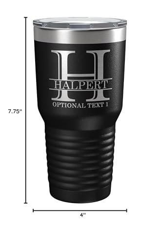 Personalized 30oz (17 Colors) Powder Coated Insulated Stainless Steel Tumbler with Lid, Custom Etched, Customized Engraved Gift Idea for Women Men Her Him, Halpert Monogram Initial Name (Black)