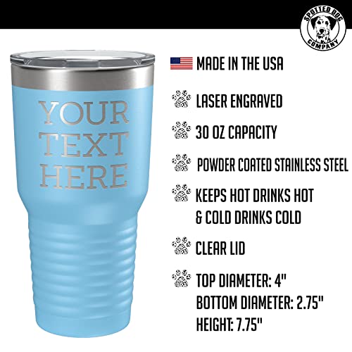 Personalized 30oz (17 Colors) Powder Coated Insulated Stainless Steel Tumbler with Lid, Custom Etched, Customized Text Message Name, Engraved Gift Idea Women Men Him Her, Your Text Here (Light Blue)