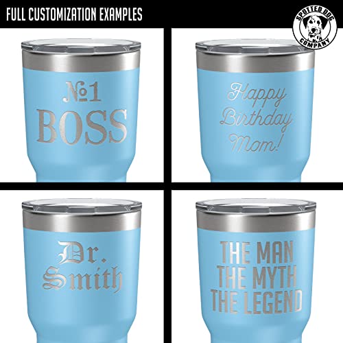 Personalized 30oz (17 Colors) Powder Coated Insulated Stainless Steel Tumbler with Lid, Custom Etched, Customized Text Message Name, Engraved Gift Idea Women Men Him Her, Your Text Here (Light Blue)