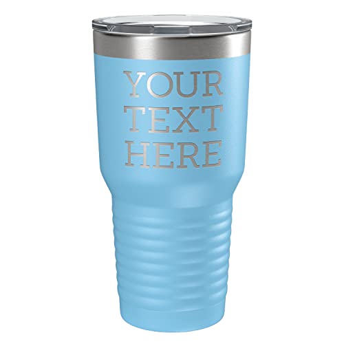 Personalized 30oz (17 Colors) Powder Coated Insulated Stainless Steel Tumbler with Lid, Custom Etched, Customized Text Message Name, Engraved Gift Idea Women Men Him Her, Your Text Here (Light Blue)