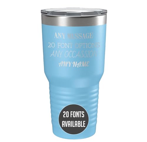 Personalized 30oz (17 Colors) Powder Coated Insulated Stainless Steel Tumbler with Lid, Custom Etched, Customized Text Message Name, Engraved Gift Idea Women Men Him Her, Your Text Here (Light Blue)