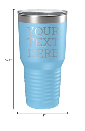 Personalized 30oz (17 Colors) Powder Coated Insulated Stainless Steel Tumbler with Lid, Custom Etched, Customized Text Message Name, Engraved Gift Idea Women Men Him Her, Your Text Here (Light Blue)