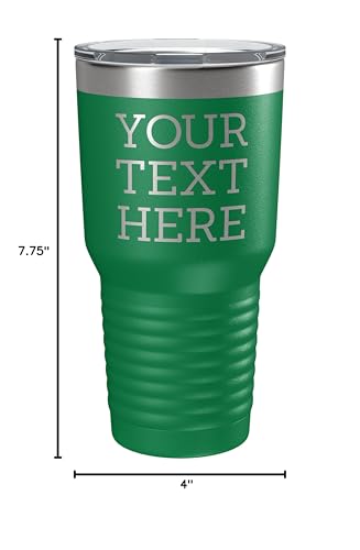 Personalized 30oz (17 Colors) Powder Coated Insulated Stainless Steel Tumbler with Lid, Custom Etched, Customized Text Message Name, Engraved Gift Idea Women Men Him Her, Your Text Here (Green)