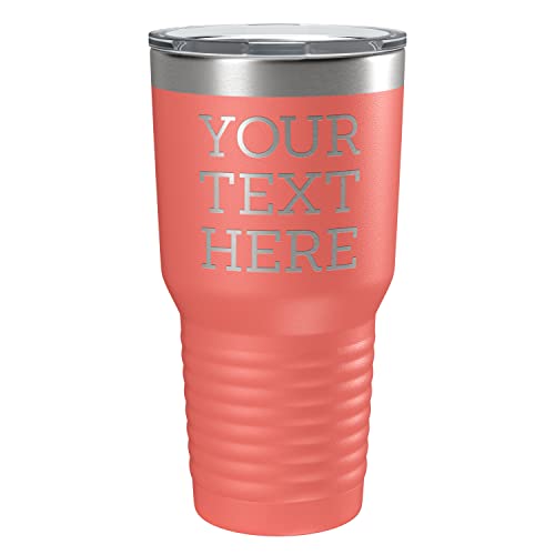 Personalized 30oz (17 Colors) Powder Coated Insulated Stainless Steel Tumbler with Lid, Custom Etched, Customized Text Message Name, Engraved Gift Idea Women Men Him Her, Your Text Here (Coral)