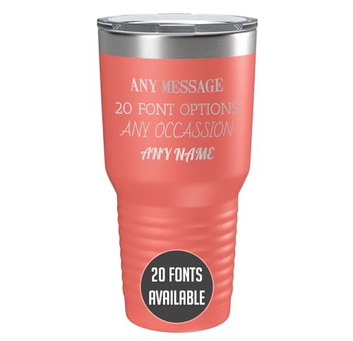 Personalized 30oz (17 Colors) Powder Coated Insulated Stainless Steel Tumbler with Lid, Custom Etched, Customized Text Message Name, Engraved Gift Idea Women Men Him Her, Your Text Here (Coral)