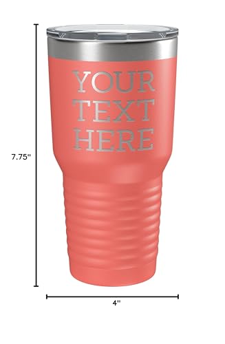 Personalized 30oz (17 Colors) Powder Coated Insulated Stainless Steel Tumbler with Lid, Custom Etched, Customized Text Message Name, Engraved Gift Idea Women Men Him Her, Your Text Here (Coral)