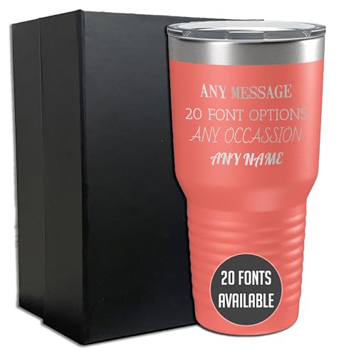 Personalized 30oz (17 Colors) Powder Coated Insulated Stainless Steel Tumbler with Lid, Custom Etched, Customized Text Message Name, Engraved Gift Idea Women Men Him Her, Your Text Here (Coral)