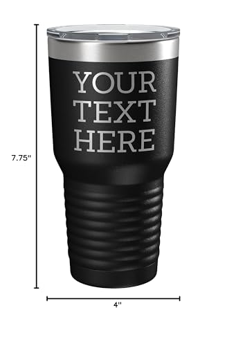 Personalized 30oz (17 Colors) Powder Coated Insulated Stainless Steel Tumbler with Lid, Custom Etched, Customized Text Message Name, Engraved Gift Idea Women Men Him Her, Your Text Here (Black)