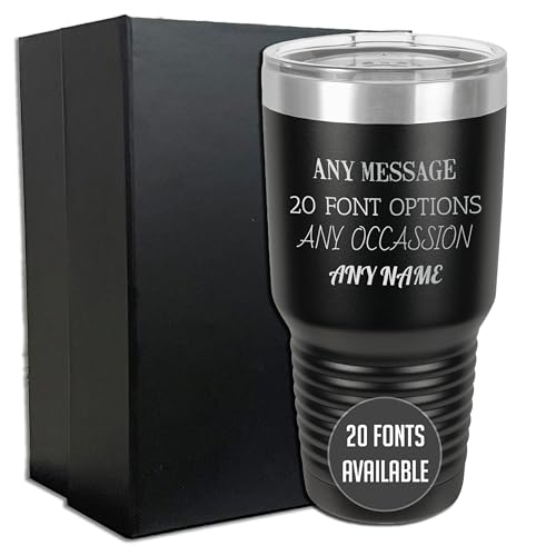 Personalized 30oz (17 Colors) Powder Coated Insulated Stainless Steel Tumbler with Lid, Custom Etched, Customized Text Message Name, Engraved Gift Idea Women Men Him Her, Your Text Here (Black)