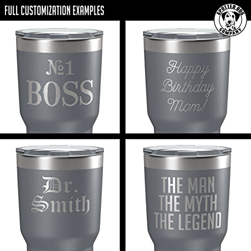 Personalized 30oz (17 Colors) Powder Coated Insulated Stainless Steel Tumbler with Lid, Custom Etched, Customized Text Message Name, Engraved Gift Idea Women Men Him Her, Your Text Here (Gray)