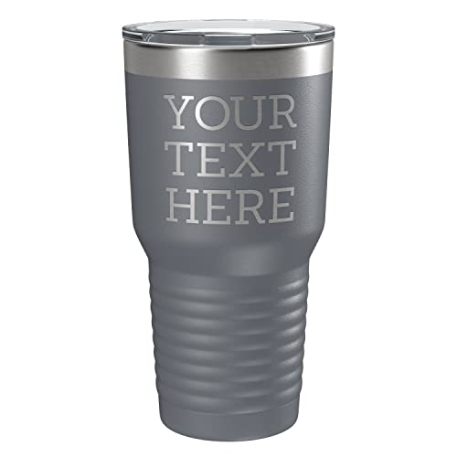 Personalized 30oz (17 Colors) Powder Coated Insulated Stainless Steel Tumbler with Lid, Custom Etched, Customized Text Message Name, Engraved Gift Idea Women Men Him Her, Your Text Here (Gray)