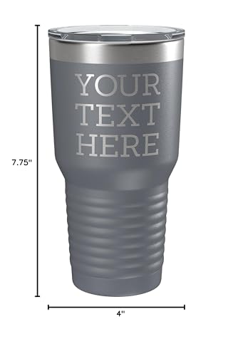 Personalized 30oz (17 Colors) Powder Coated Insulated Stainless Steel Tumbler with Lid, Custom Etched, Customized Text Message Name, Engraved Gift Idea Women Men Him Her, Your Text Here (Gray)