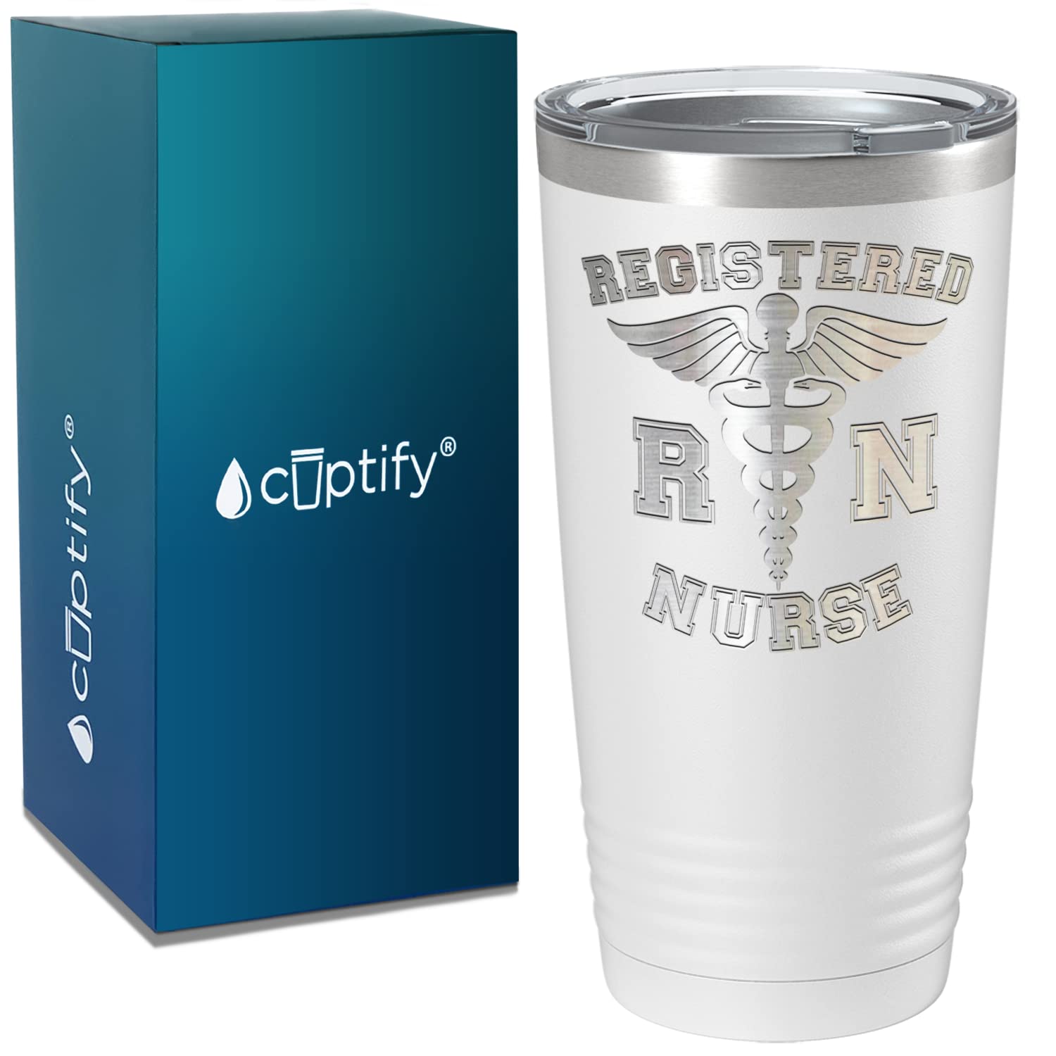 RN Registered Nurse Gift, Nursing School on White 20 oz Stainless Steel Tumbler with Lid - Insulated Cup - Travel Mug