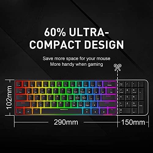 havit Wireless 60percent Mechanical Keyboard 61 Keys Rainbow Backlit Gaming Bluetooth 5.0/Type-C Wired Programmable Computer with Red Switch for Multi-Devices PC Mac Laptop (Black) (Renewed)