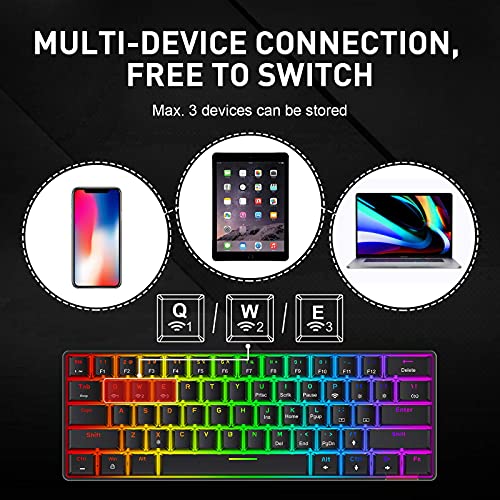 havit Wireless 60percent Mechanical Keyboard 61 Keys Rainbow Backlit Gaming Bluetooth 5.0/Type-C Wired Programmable Computer with Red Switch for Multi-Devices PC Mac Laptop (Black) (Renewed)