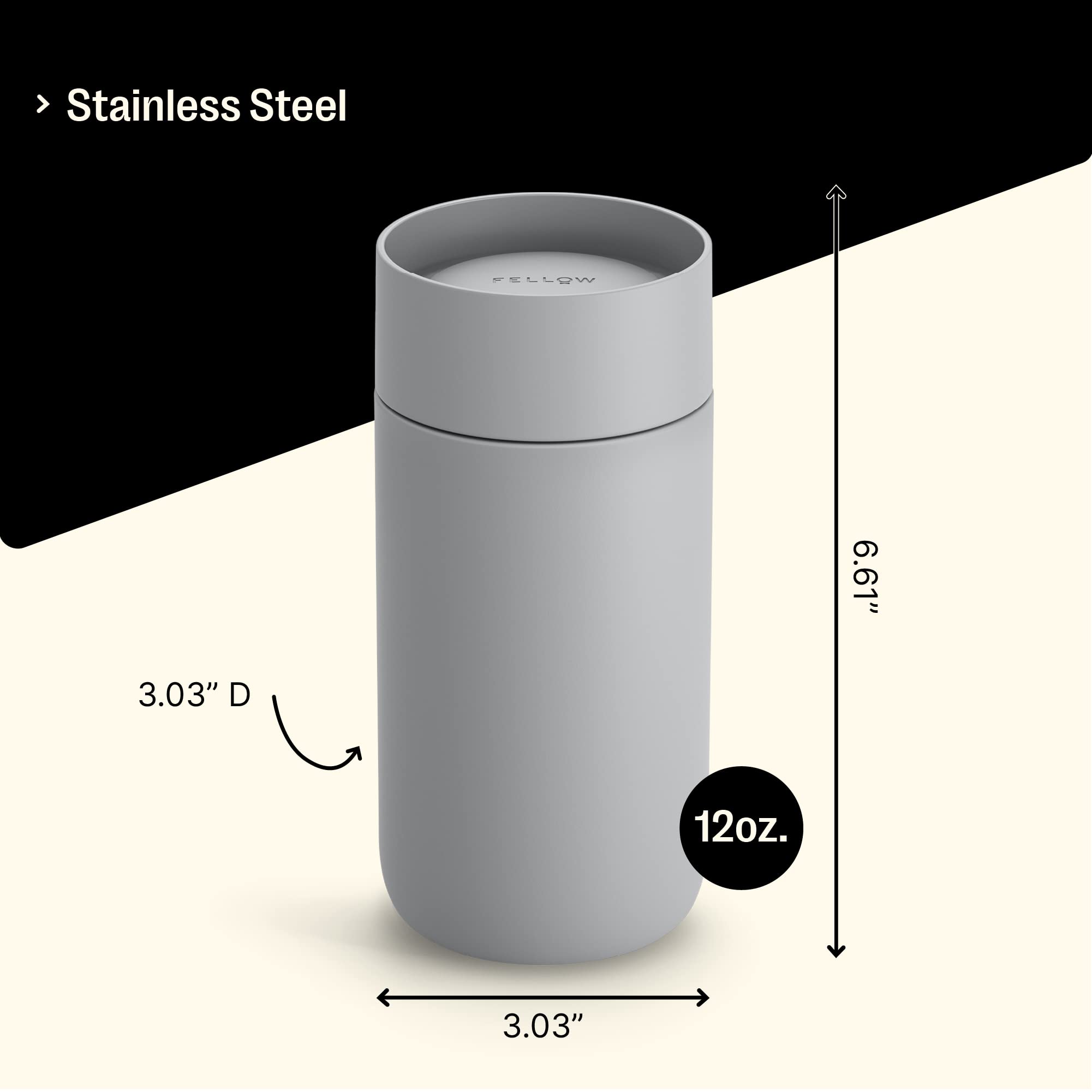 Fellow Carter Move Mug with 360º Sip Lid - Open Top Coffee To-Go Tumbler with Ceramic Interior, Vacuum-Insulated Stainless Steel, Matte Grey, 12 oz Cup