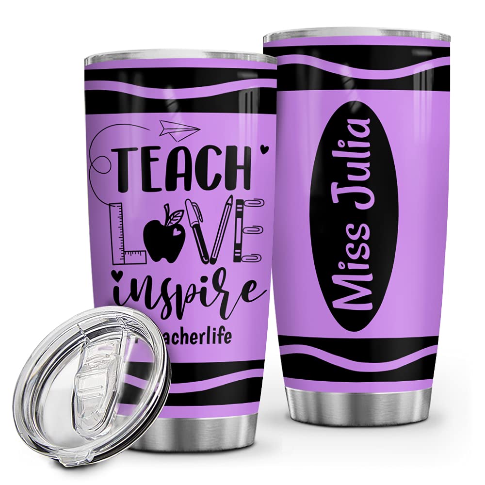 Wassmin Personalized Teach Love Inspire Teacher Life Tumbler Cup With Lid Double Wall Vacuum Insulated Stainless Steel Tumblers 20oz 30oz Travel Mug Birthday Christmas Gifts Custom Name (Purple)