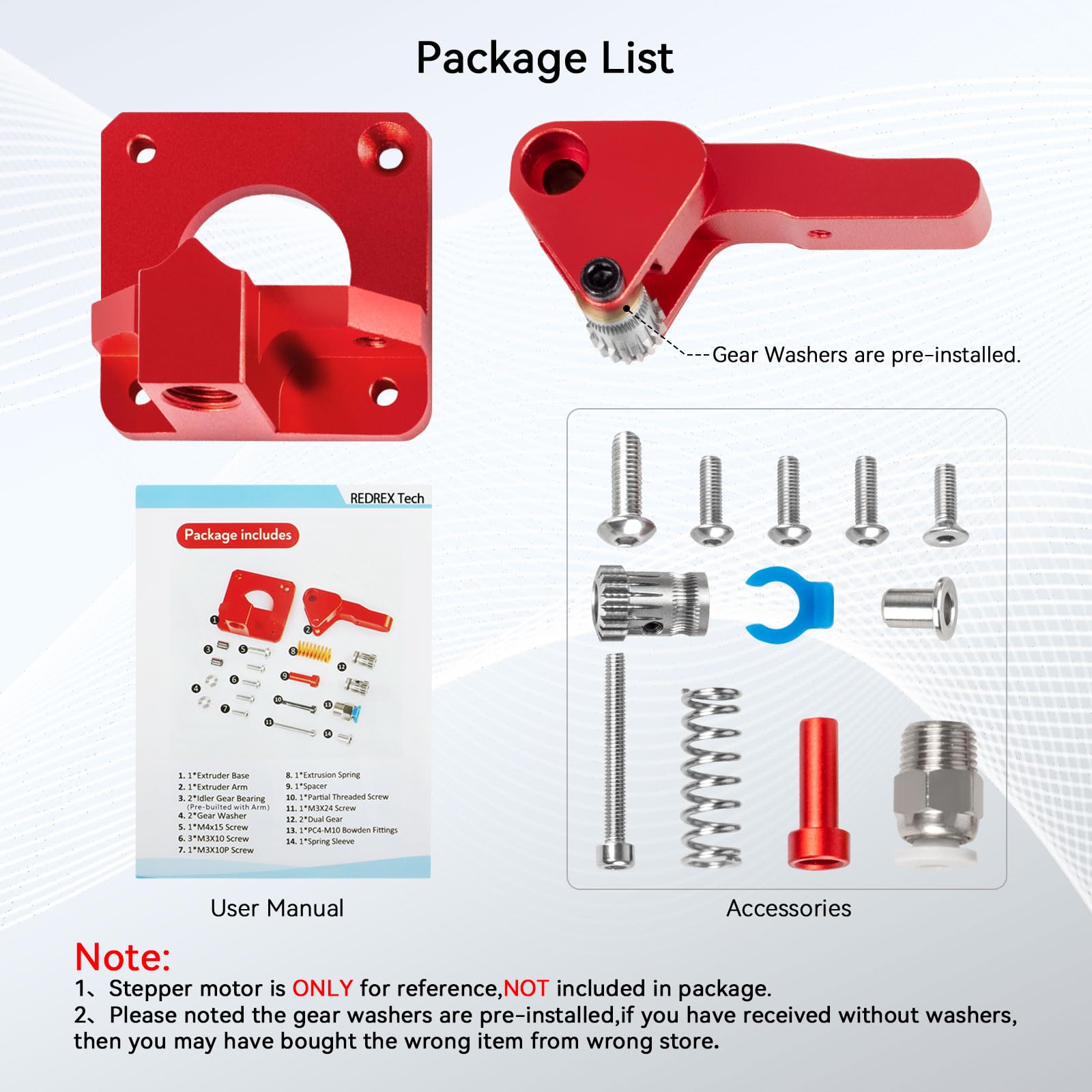 Redrex Dual Gear Ender 3 Extruder with Two Washers Metal Drive Feeder Upgrade Kit Compatible with Creality Ender 3 V2 Pro,Ender 3 Neo Series,CR10 3D Printer TPU Filament Supported(Motor Shaft>20mm)