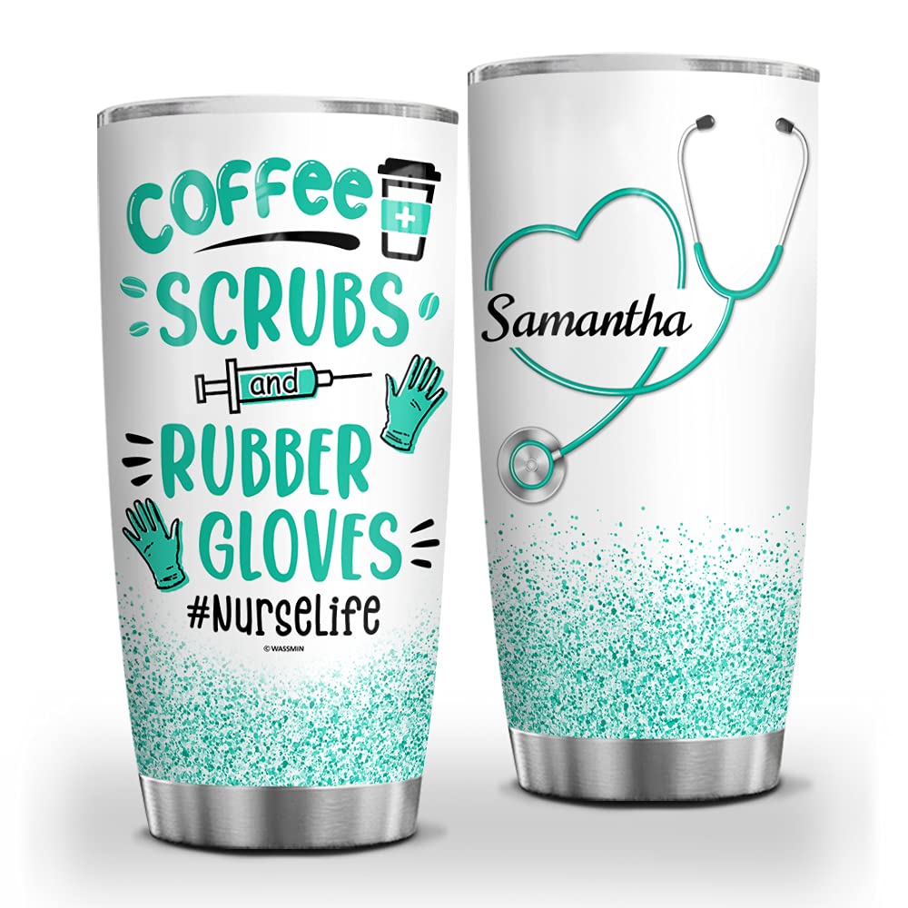 Wassmin Personalized Coffee Scrubs Rubber Gloves Nurse Life Stethoscope Tumbler Cup With Lid Vacuum Insulated Travel Mug 20oz 30oz Birthday Christmas Week Appreciation Gift Nurses Nursing (Green 2)