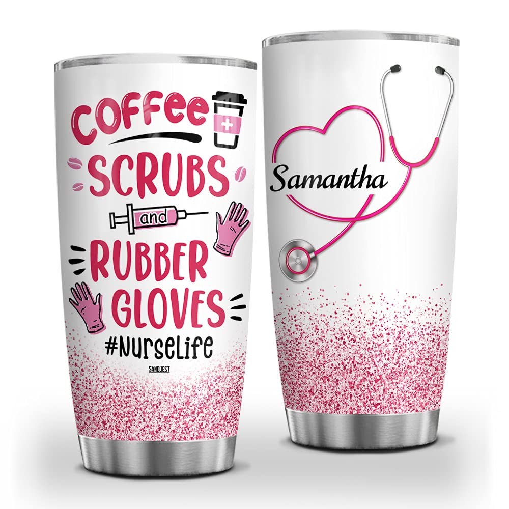 Wassmin Personalized Coffee Scrubs Rubber Gloves Nurse Life Stethoscope Tumbler Cup With Lid Vacuum Insulated Travel Mug 20oz 30oz Birthday Christmas Week Appreciation Gift Nurses Nursing (Pink 2)