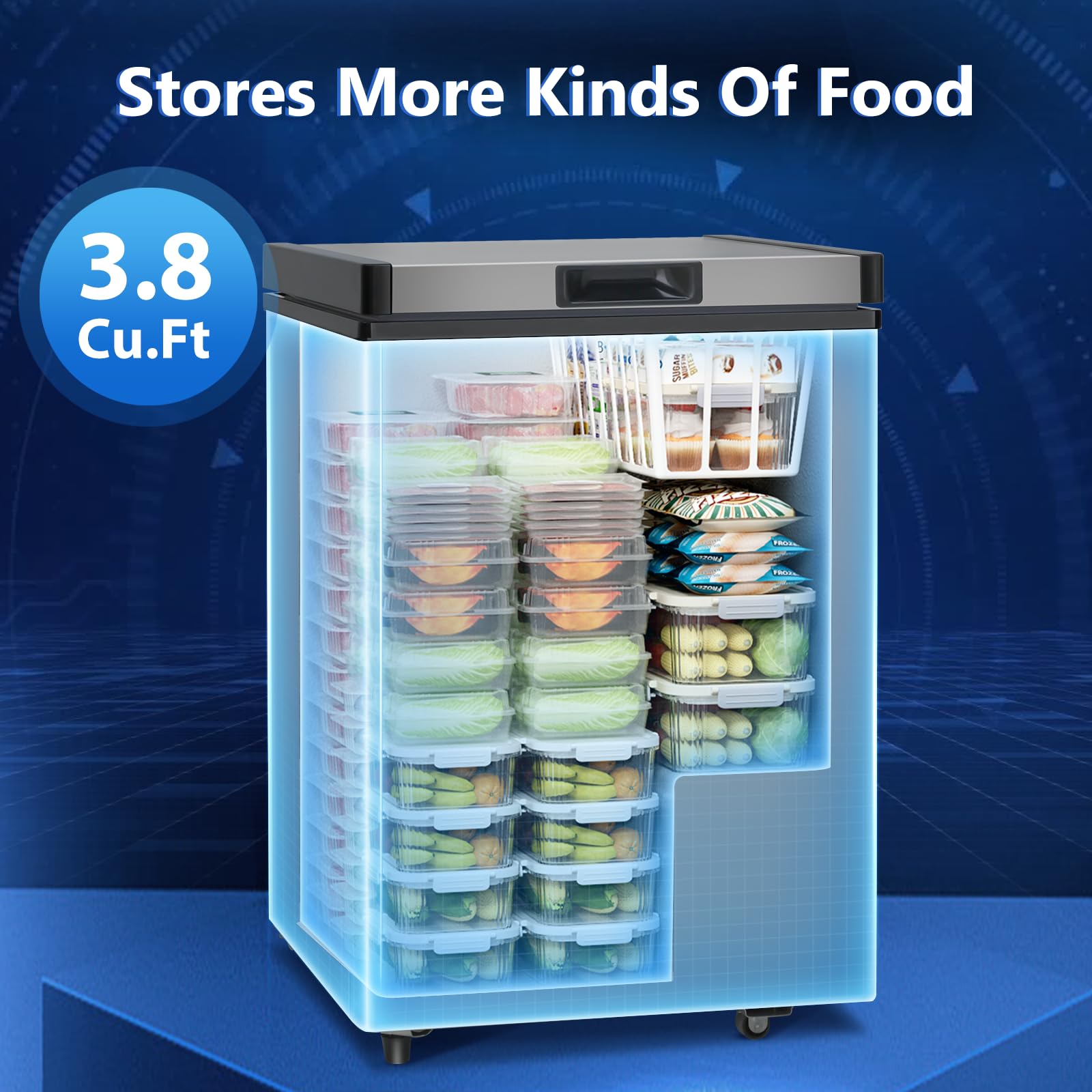 LifePlus Chest Freezer, 3.8 Cu Ft Compact Deep Freezer With Fast Cooling & Convenient Pulley, Perfect for Kitchen Apartment Office, Small Freezer With Low Noise & Energy Saving, Grey