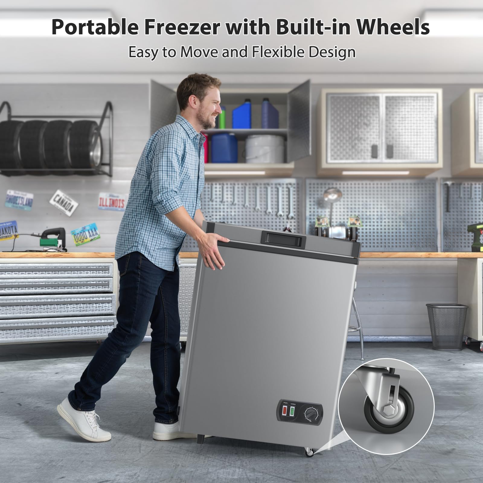 LifePlus Chest Freezer, 3.8 Cu Ft Compact Deep Freezer With Fast Cooling & Convenient Pulley, Perfect for Kitchen Apartment Office, Small Freezer With Low Noise & Energy Saving, Grey