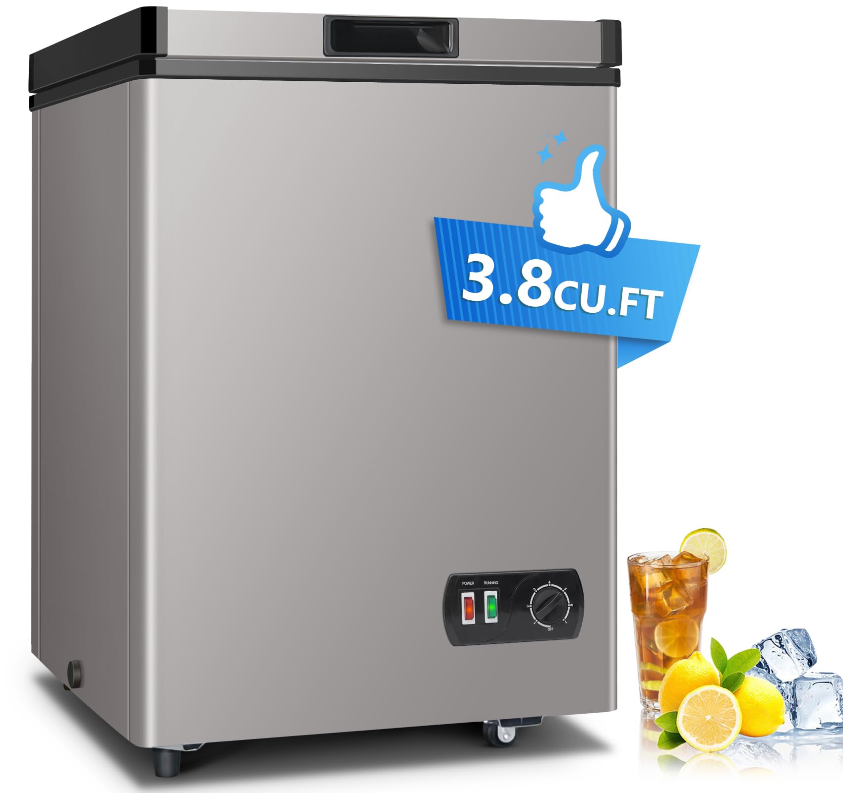 LifePlus Chest Freezer, 3.8 Cu Ft Compact Deep Freezer With Fast Cooling & Convenient Pulley, Perfect for Kitchen Apartment Office, Small Freezer With Low Noise & Energy Saving, Grey