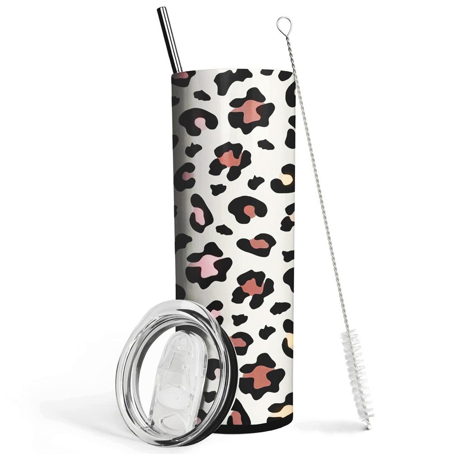 Cheetah Print Tumbler With Lid and Straw- 20 oz Stainless Steel Vacuum Insulated Leopard Skinny Tumblers Cups - Coffee Travel Mug Cup- Birthday Christmas Gifts for Mom, Women, Sister, Friends