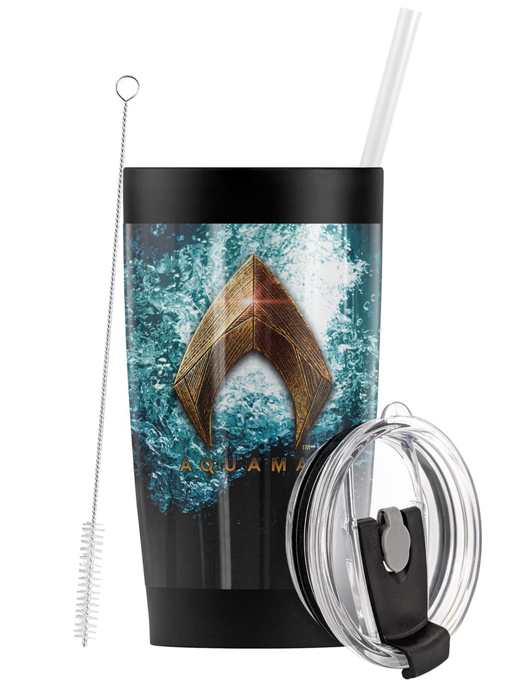 LOGOVISION Justice League Movie Aquaman Logo Stainless Steel Tumbler with Straw and Flip Lid 20 oz, Vacuum Insulated & Double Wall with Leakproof Dual Lid | Great for Iced Coffee and Hot Beverage