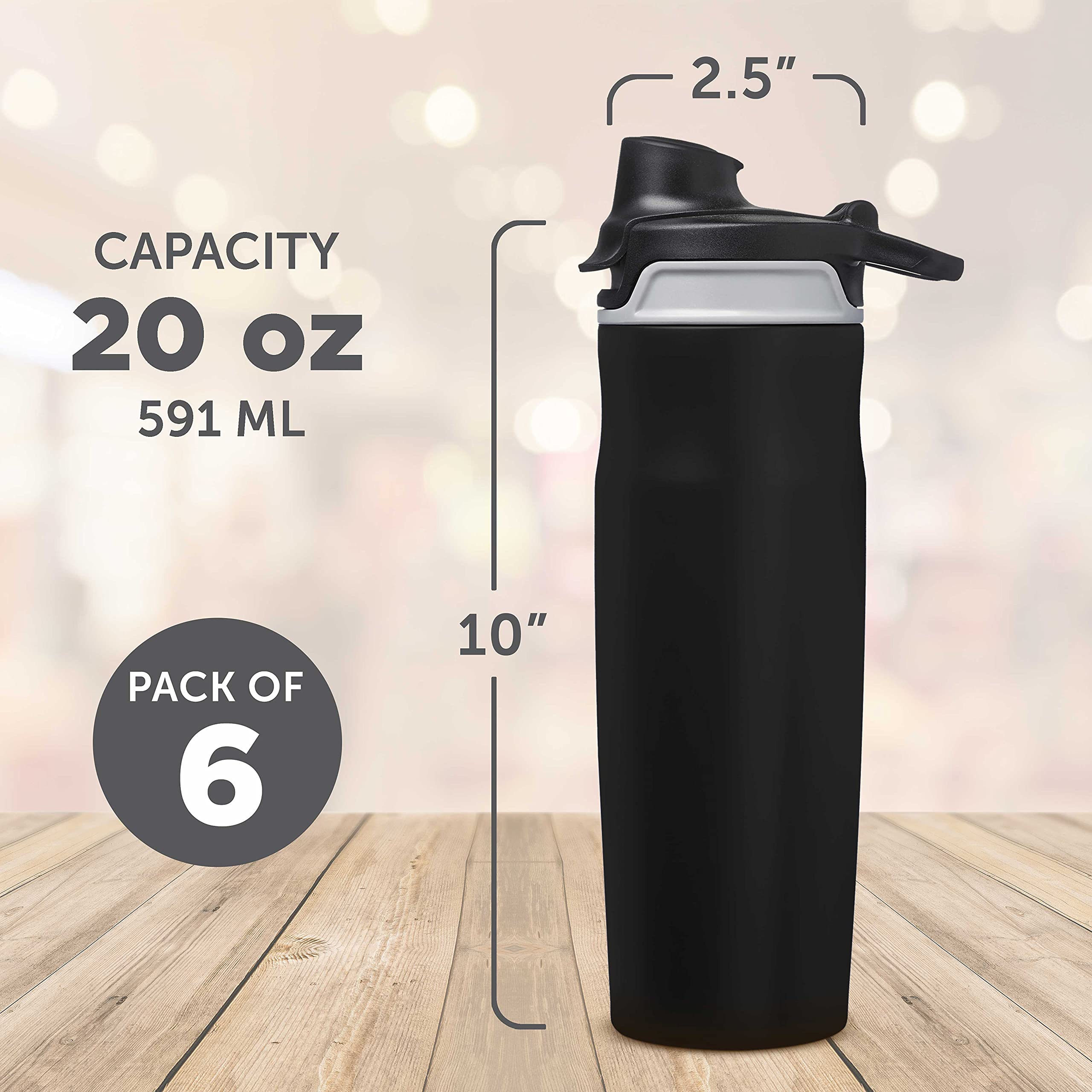 DISCOUNT PROMOS Juno Water Bottles with Flip Lid 20 oz. Set of 6, Bulk Pack - Reusable, Great for Gym, Hiking, Cycling and for School - Black