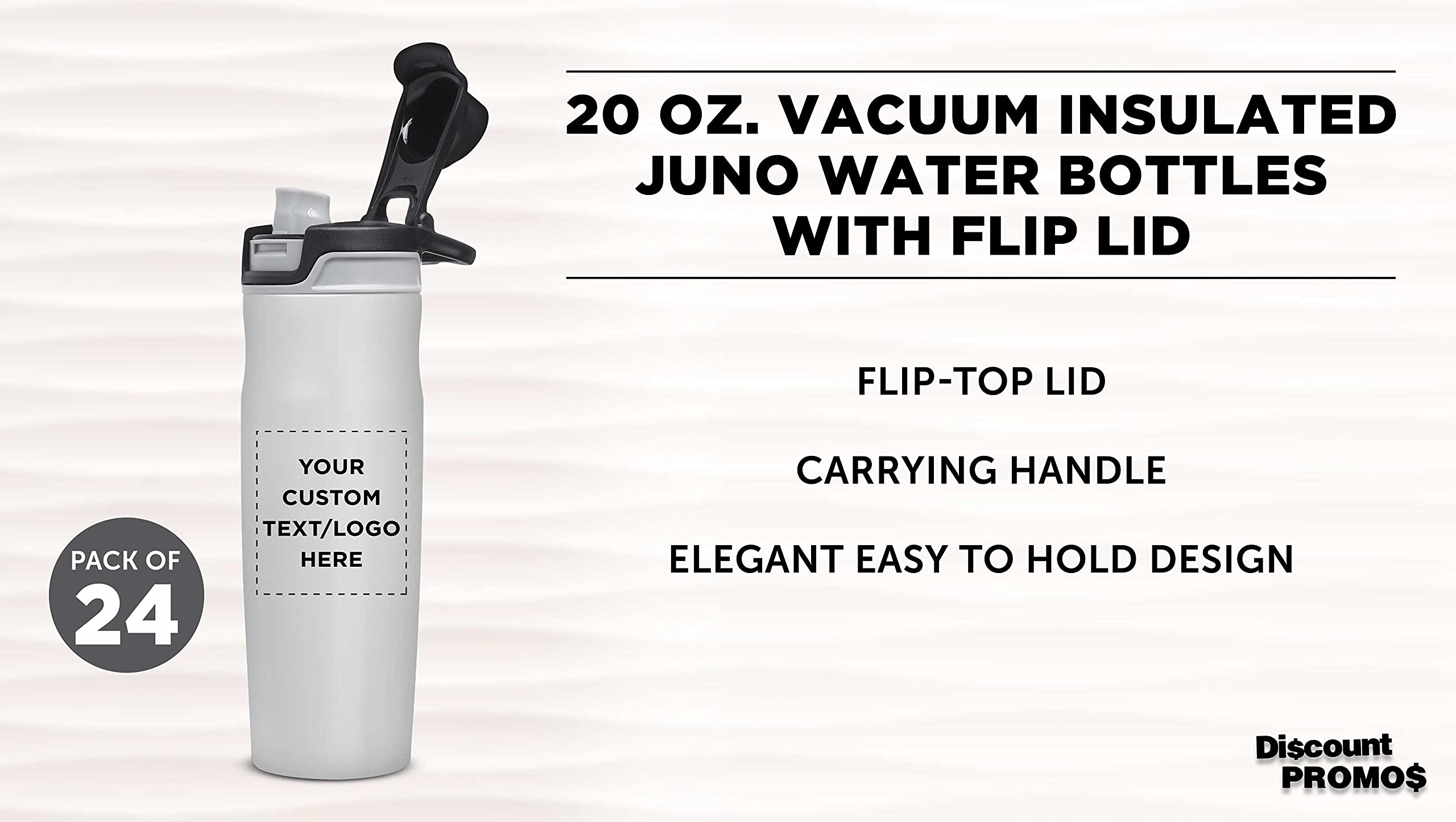 DISCOUNT PROMOS Custom Juno Water Bottles with Flip Lid 20 oz. Set of 24, Personalized Bulk Pack - Reusable, Great for Gym, Hiking, Cycling and for School - White