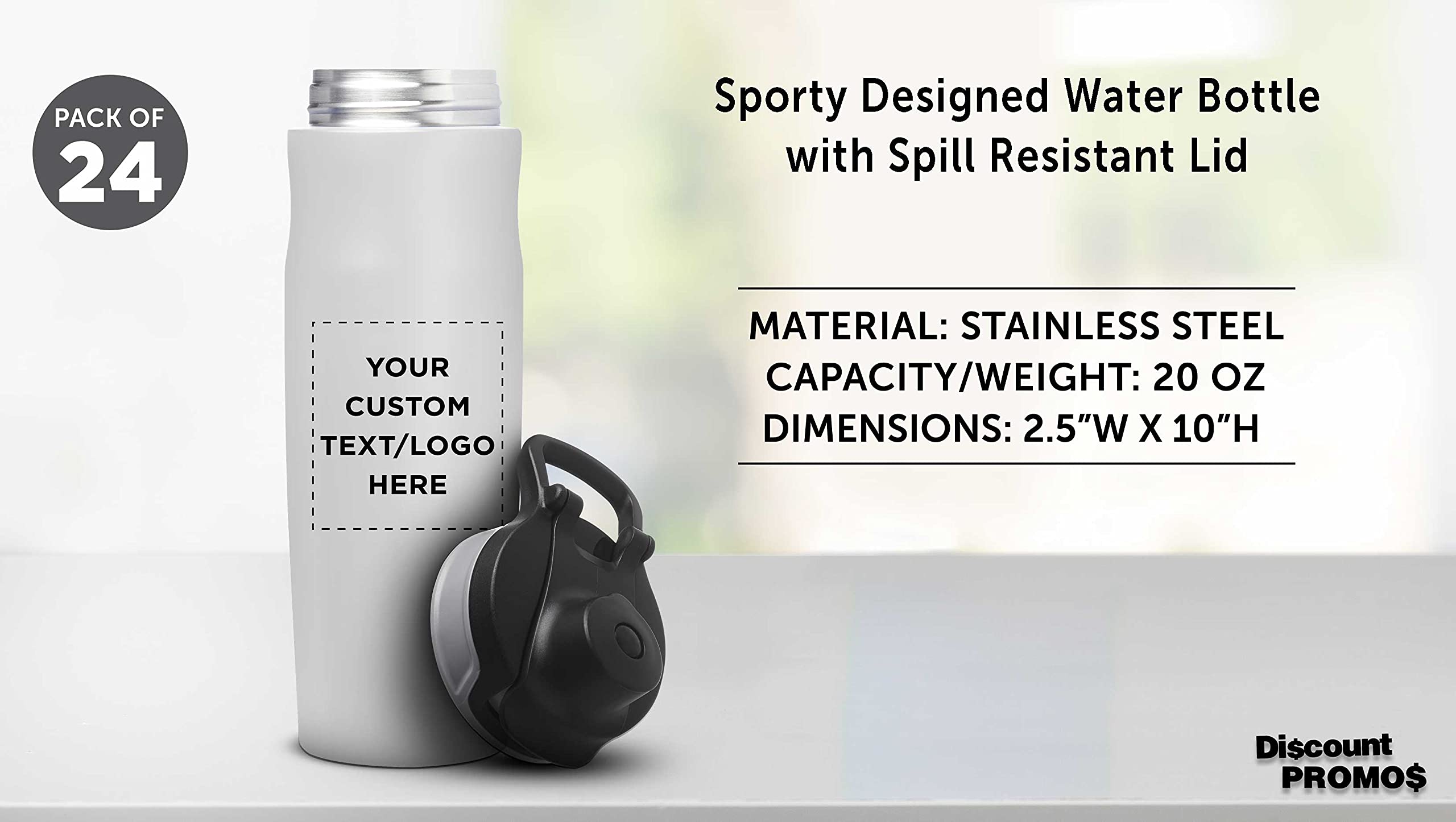 DISCOUNT PROMOS Custom Juno Water Bottles with Flip Lid 20 oz. Set of 24, Personalized Bulk Pack - Reusable, Great for Gym, Hiking, Cycling and for School - White