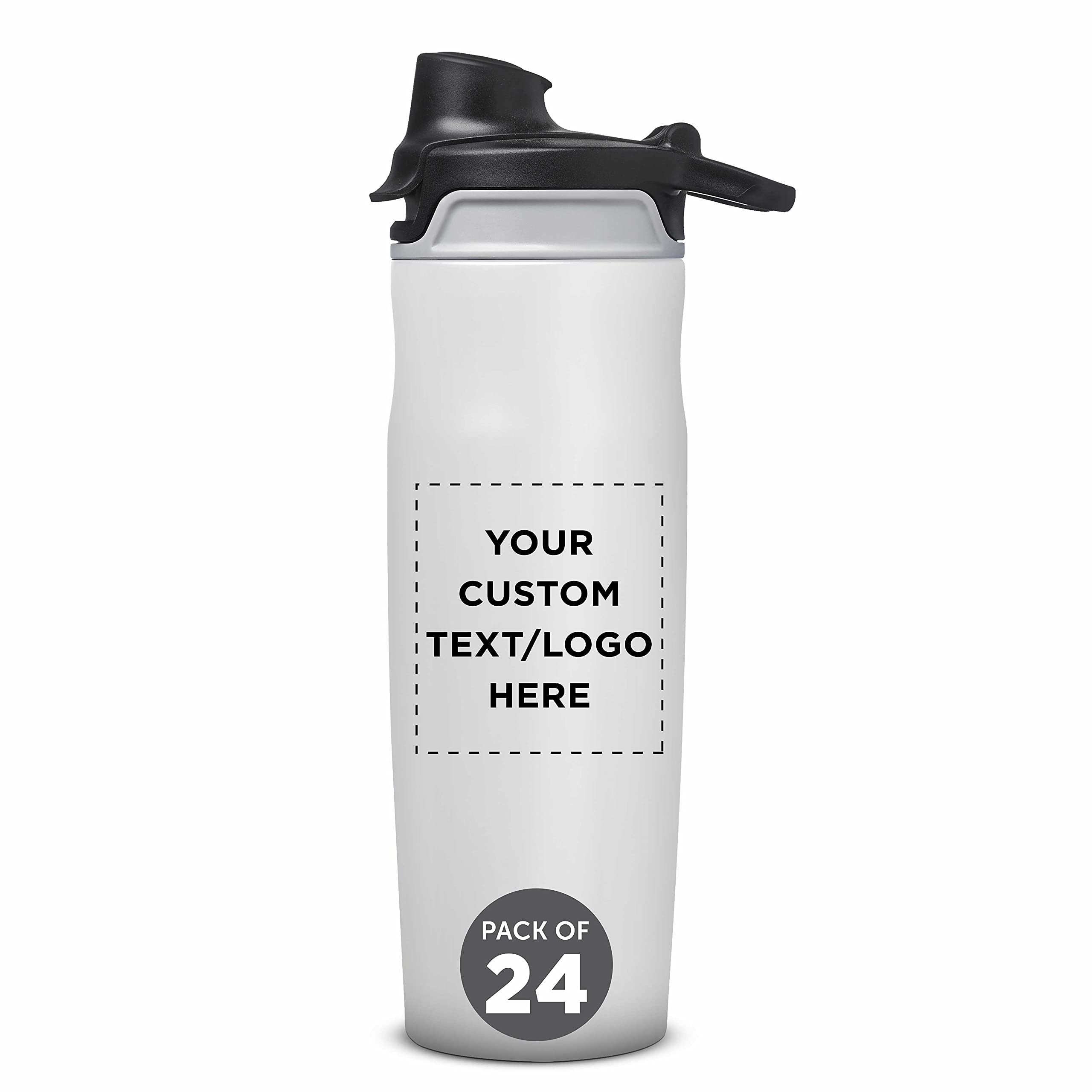 DISCOUNT PROMOS Custom Juno Water Bottles with Flip Lid 20 oz. Set of 24, Personalized Bulk Pack - Reusable, Great for Gym, Hiking, Cycling and for School - White