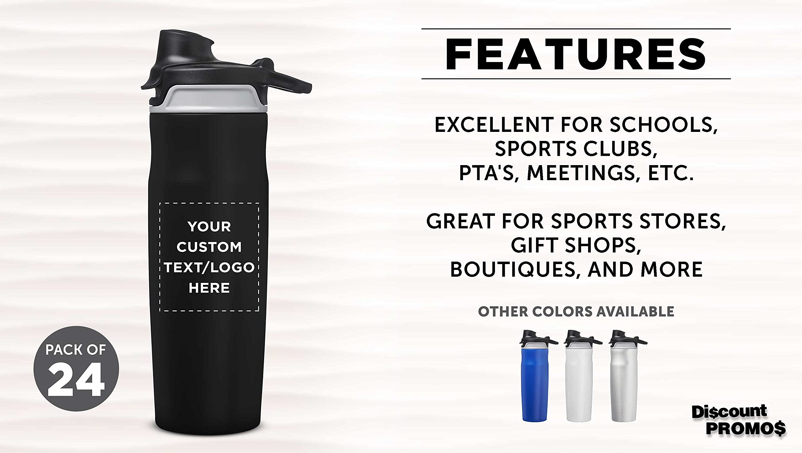 DISCOUNT PROMOS Custom Juno Water Bottles with Flip Lid 20 oz. Set of 24, Personalized Bulk Pack - Reusable, Great for Gym, Hiking, Cycling and for School - Black