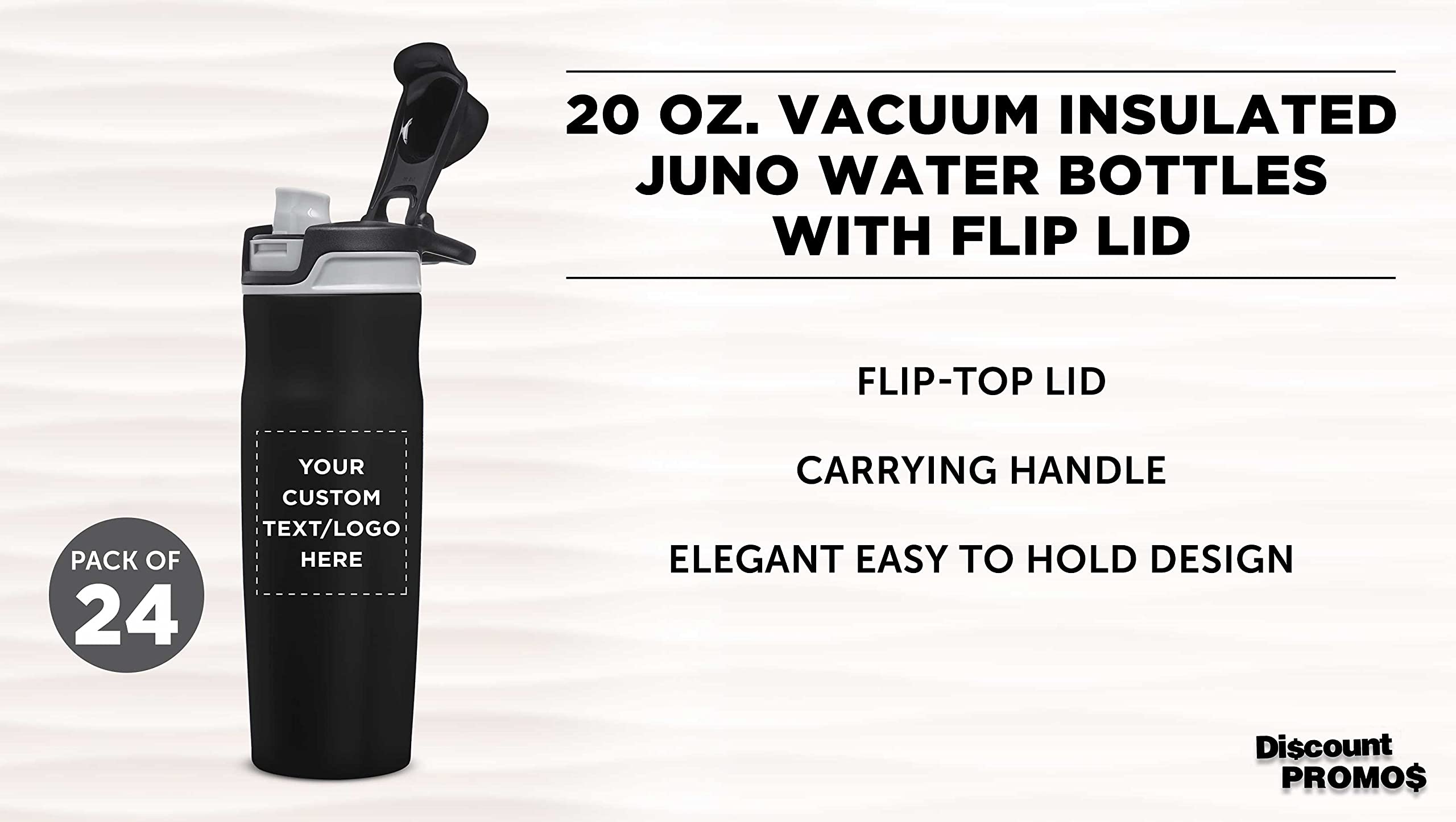 DISCOUNT PROMOS Custom Juno Water Bottles with Flip Lid 20 oz. Set of 24, Personalized Bulk Pack - Reusable, Great for Gym, Hiking, Cycling and for School - Black