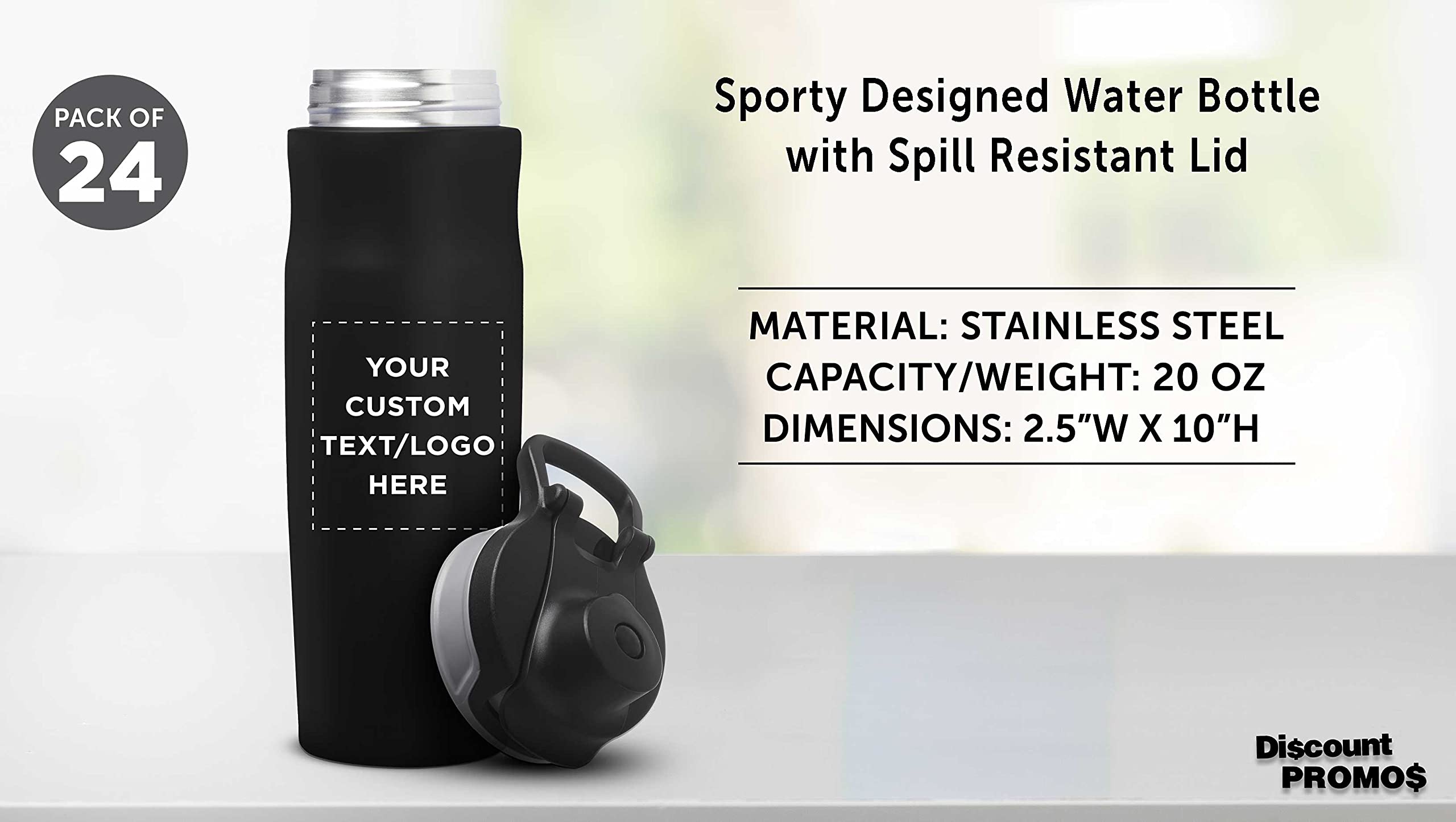 DISCOUNT PROMOS Custom Juno Water Bottles with Flip Lid 20 oz. Set of 24, Personalized Bulk Pack - Reusable, Great for Gym, Hiking, Cycling and for School - Black