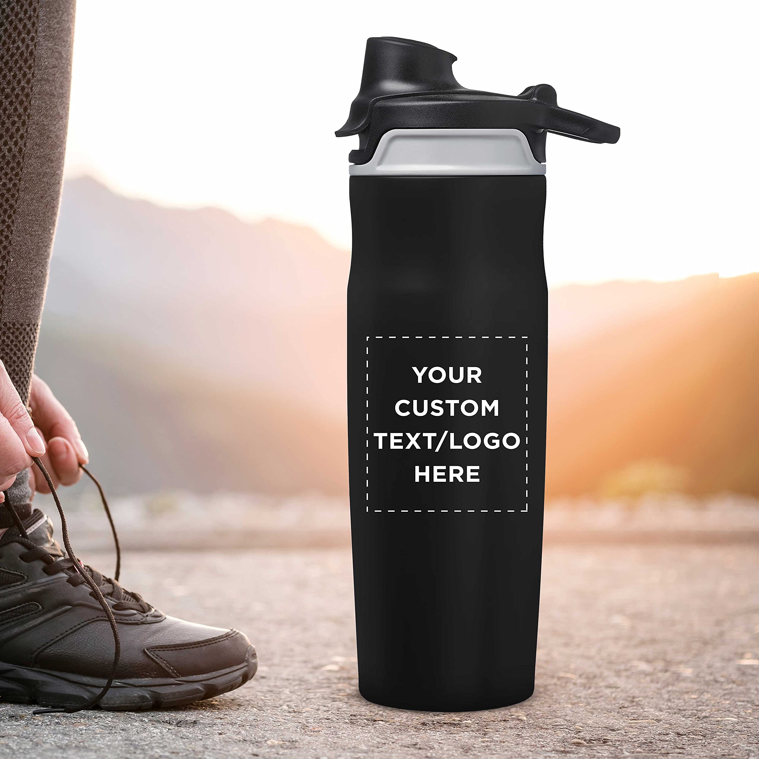 DISCOUNT PROMOS Custom Juno Water Bottles with Flip Lid 20 oz. Set of 24, Personalized Bulk Pack - Reusable, Great for Gym, Hiking, Cycling and for School - Black