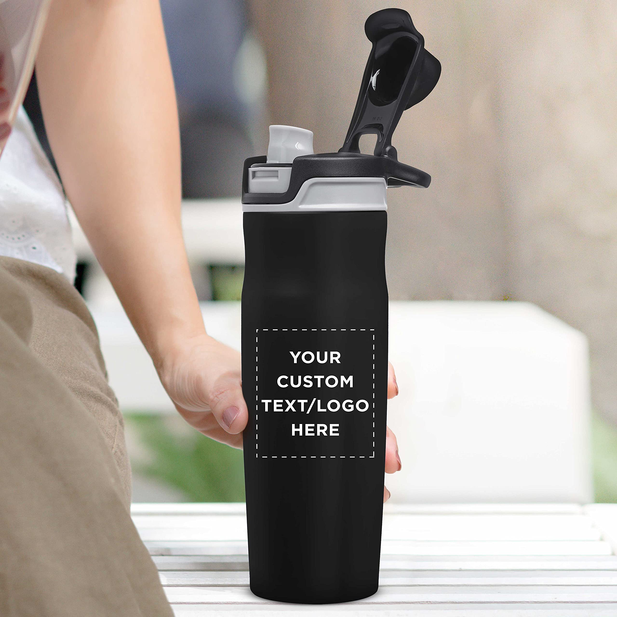DISCOUNT PROMOS Custom Juno Water Bottles with Flip Lid 20 oz. Set of 24, Personalized Bulk Pack - Reusable, Great for Gym, Hiking, Cycling and for School - Black