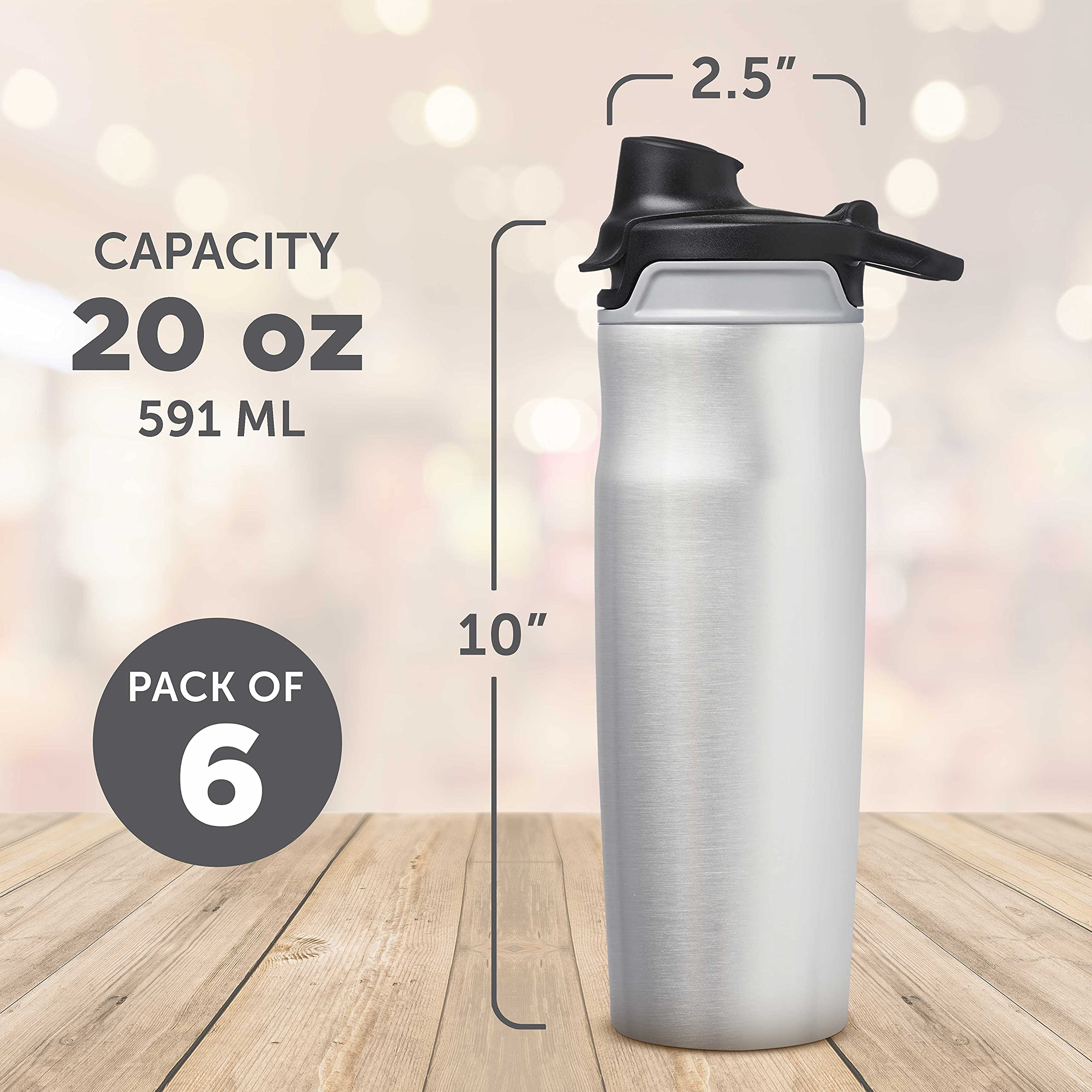 DISCOUNT PROMOS Juno Water Bottles with Flip Lid 20 oz. Set of 6, Bulk Pack - Reusable, Great for Gym, Hiking, Cycling and for School - Silver