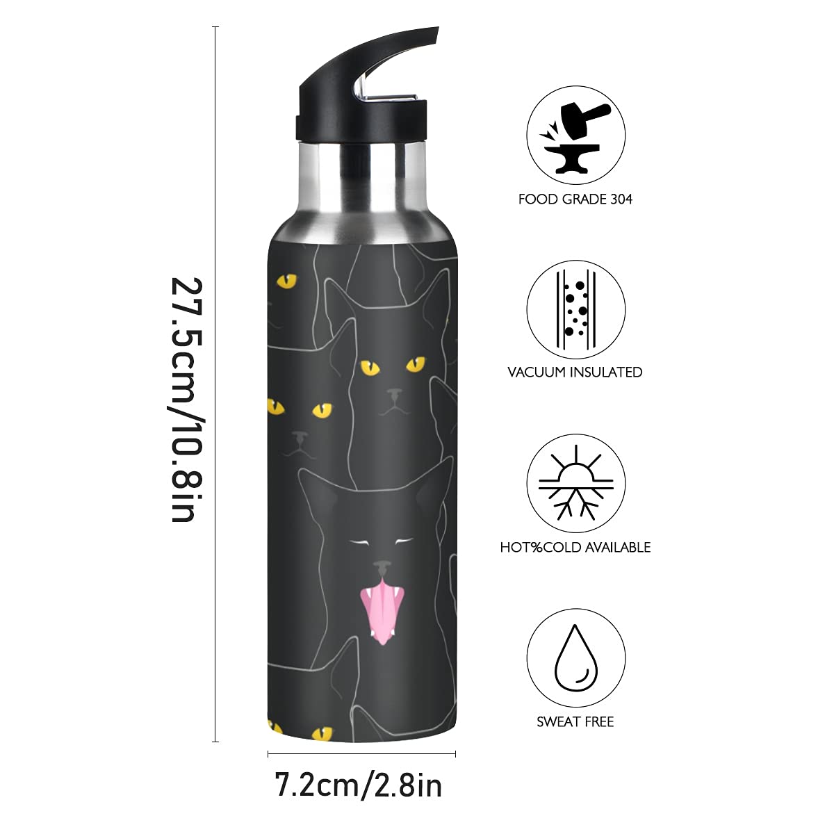 Yasala Water Bottle Black Cat Coffee Thermos Stainless Steel Insulated Beverage Container 20 oz with Straw Lid BPA-Free for Sport, Travel, Camping, Back to School